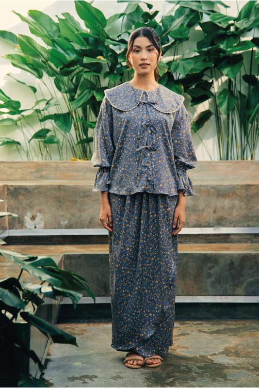 Suria Ribbon Kurung in Dusty Blue